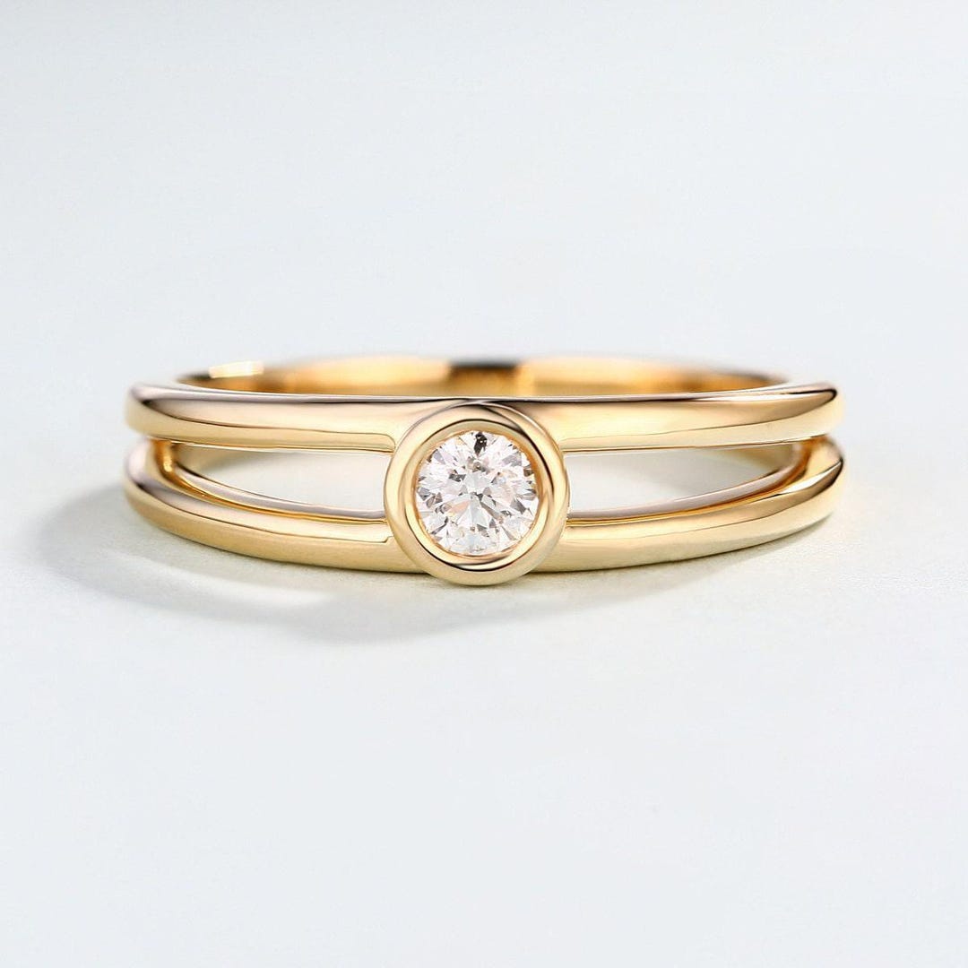 Minimalist Diamond Engagement Ring, Simple Round Gemstone Double Band ...