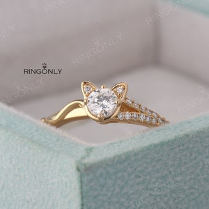 Art Deco C&C Moissanite Engagement Ring, White Gold Wedding Ring, Cat ...