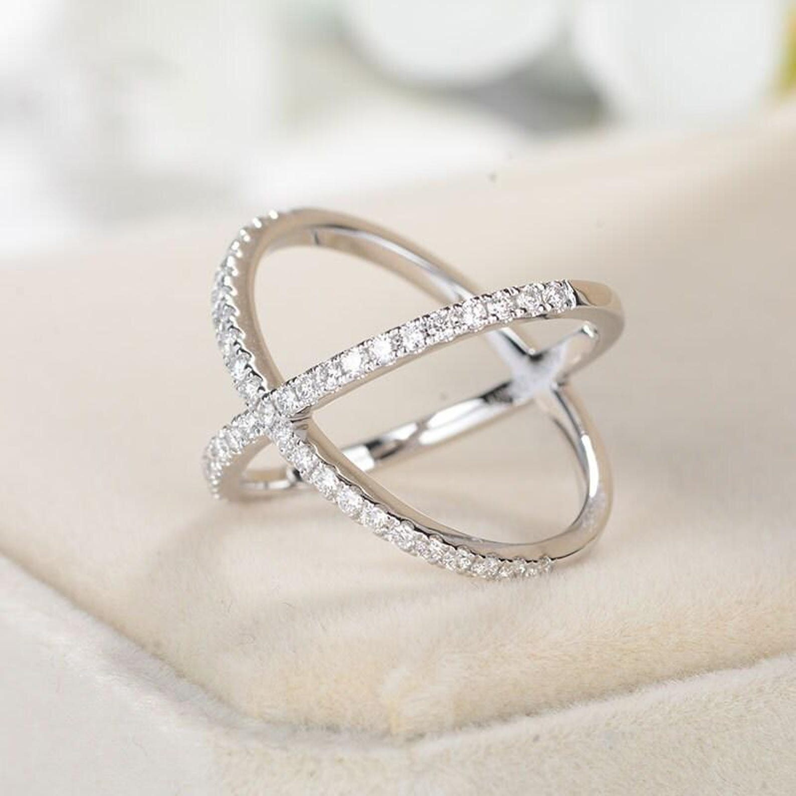 X Ring Diamond Crisscross Connected Women Modern 14K White Gold ...