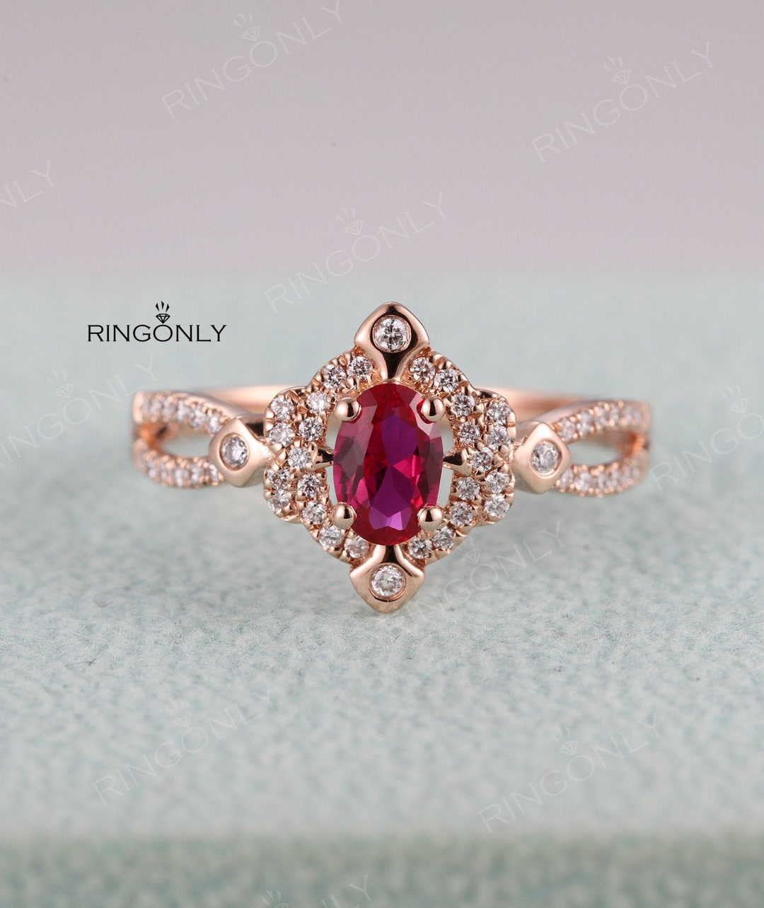 Vintage Ruby Engagement Ring Rose Gold Women Wedding Halo Set Diamond ...