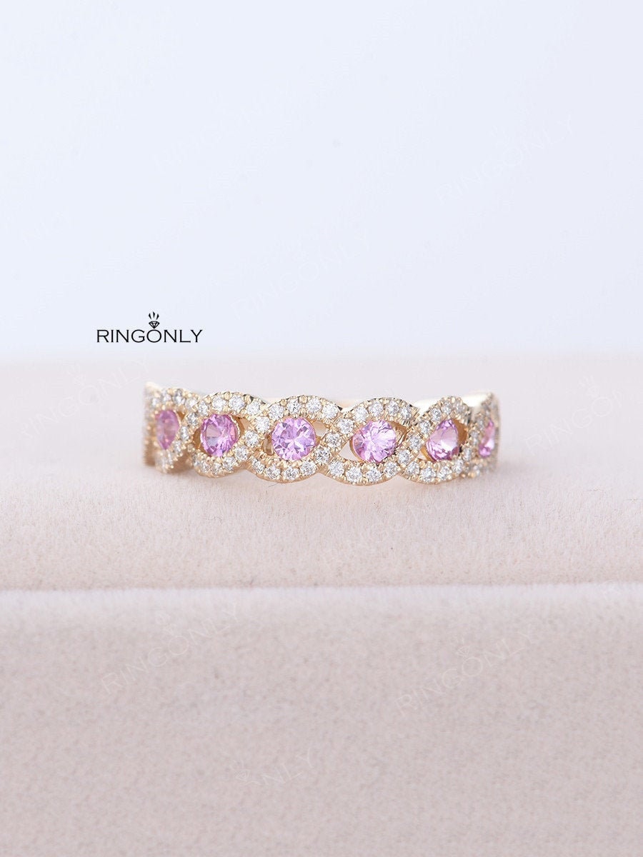Diamond Wedding Band Vintage Pink Sapphire Wedding Band Gift - Etsy