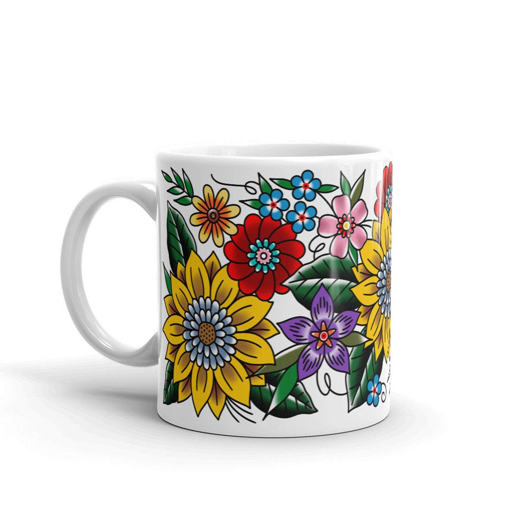 Ornamental Tattoo Flower Mug, Traditional Flowers, Sunflower Mug - Etsy