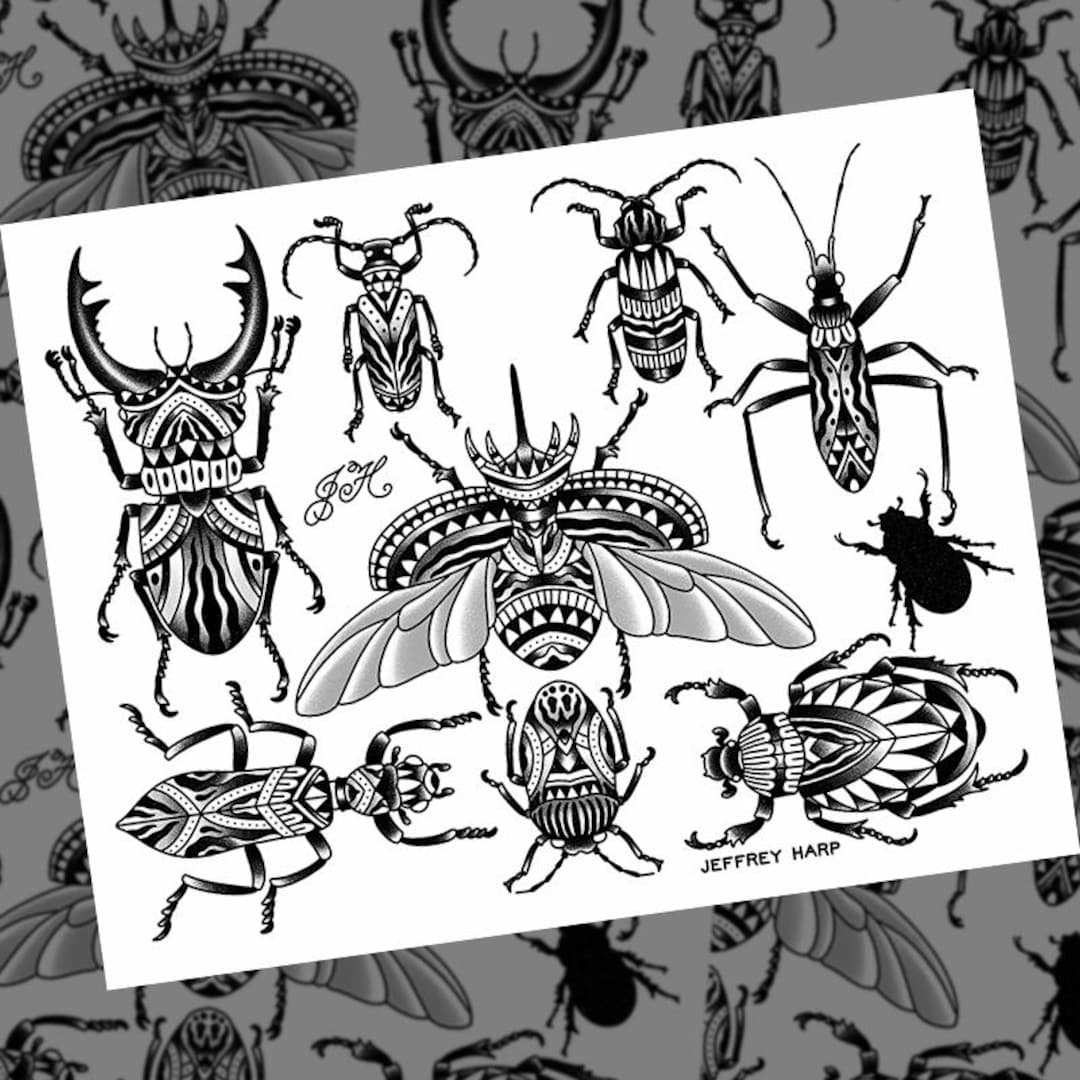 Ornamental Beetle Traditional Tattoo Flash - Etsy