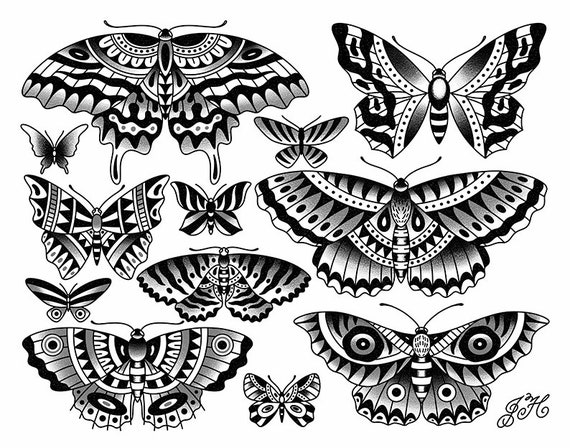 Traditional Black And White Moth Tattoo