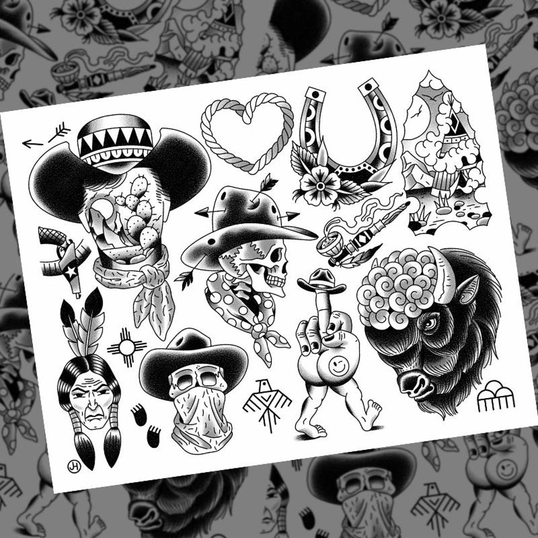 Western Themed Traditional Tattoo Flash - Etsy