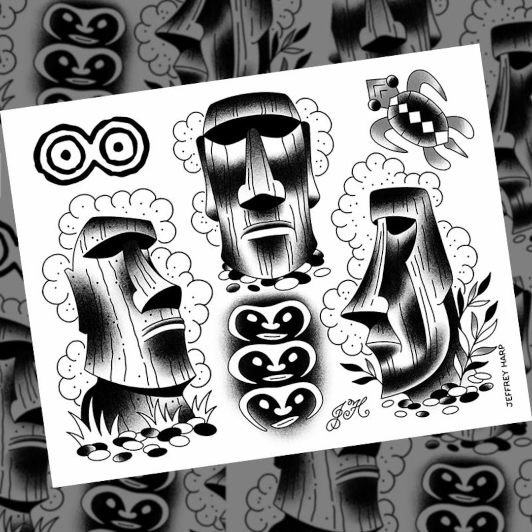 Moai Tiki Polynesian Traditional Tattoo Flash Sheet 1 - Etsy