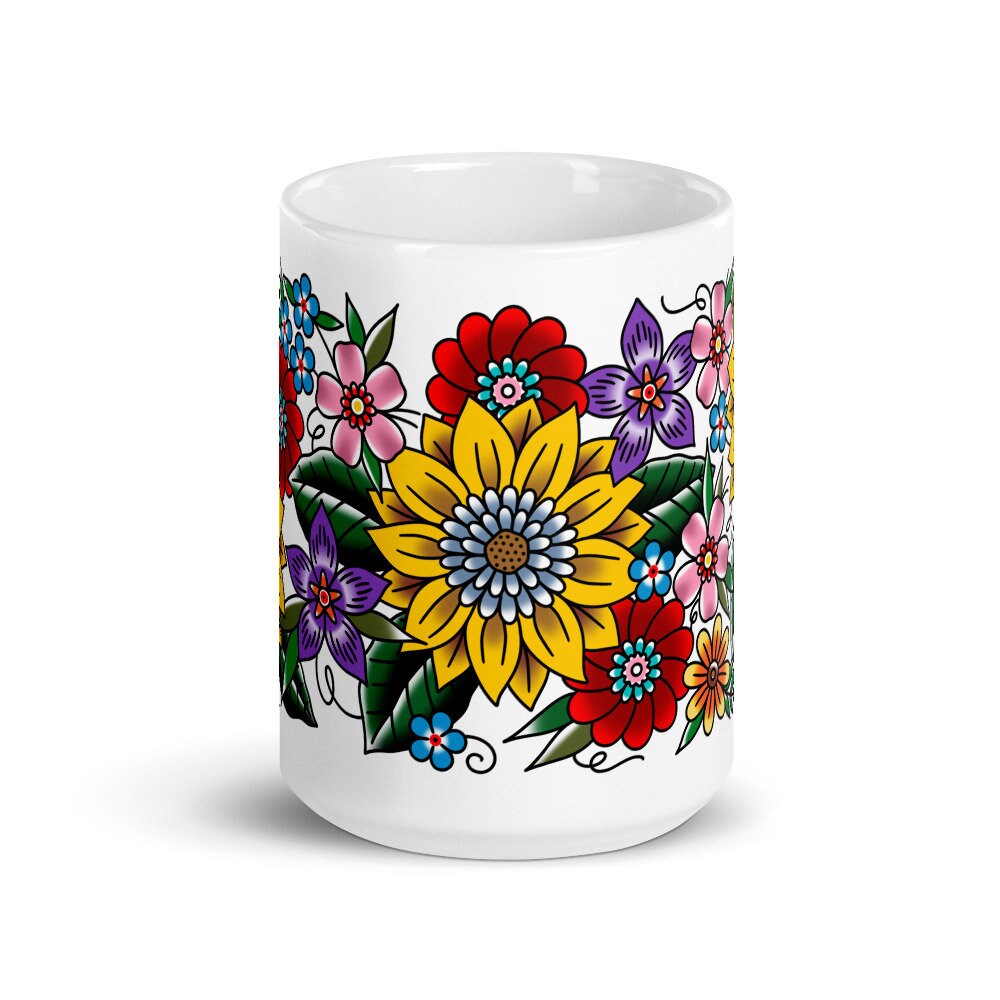 Ornamental Tattoo Flower Mug Traditional Flowers Sunflower - Etsy