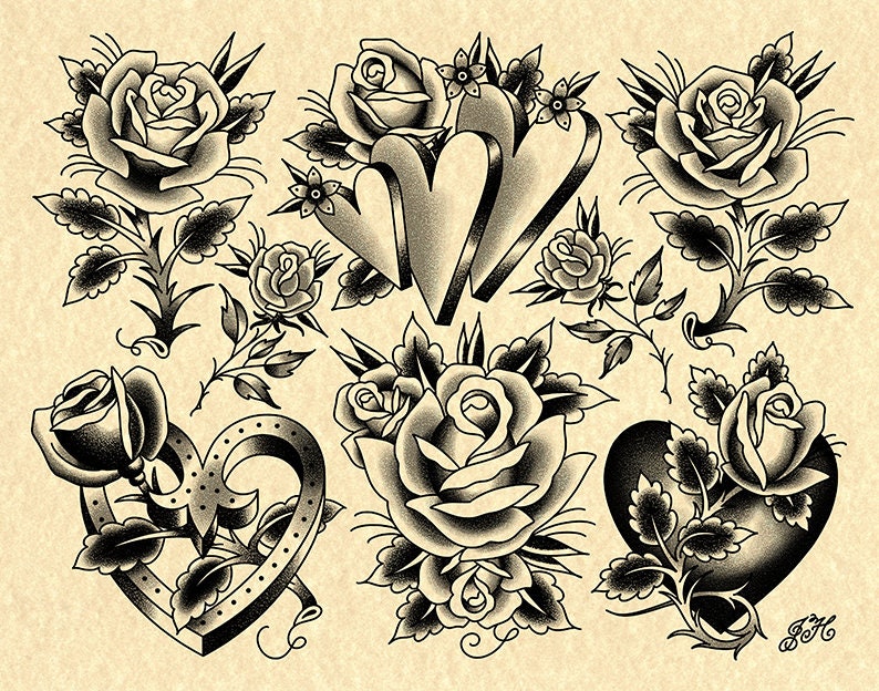 Traditional Rose Tattoo Flash Sheets