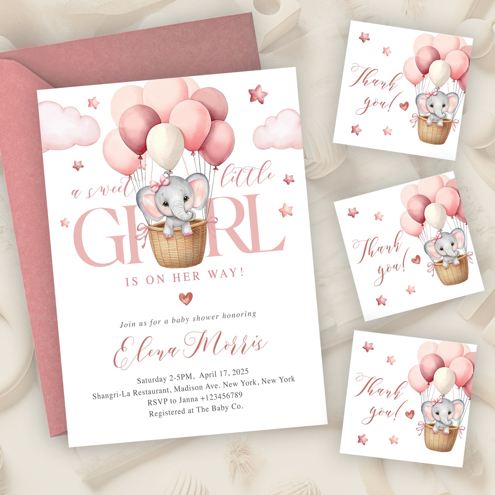 EDITABLE Pink Rose Gold Blush Elephant Baby Shower Invitation Instant ...