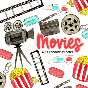 Watercolor Movie Clipart, Cinema, Theaters, Popcorn Director Graphics ...