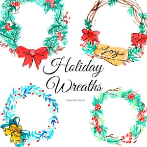 Christmas Holiday Wreath Clipart, Watercolor, Holly, Pine, Holiday ...