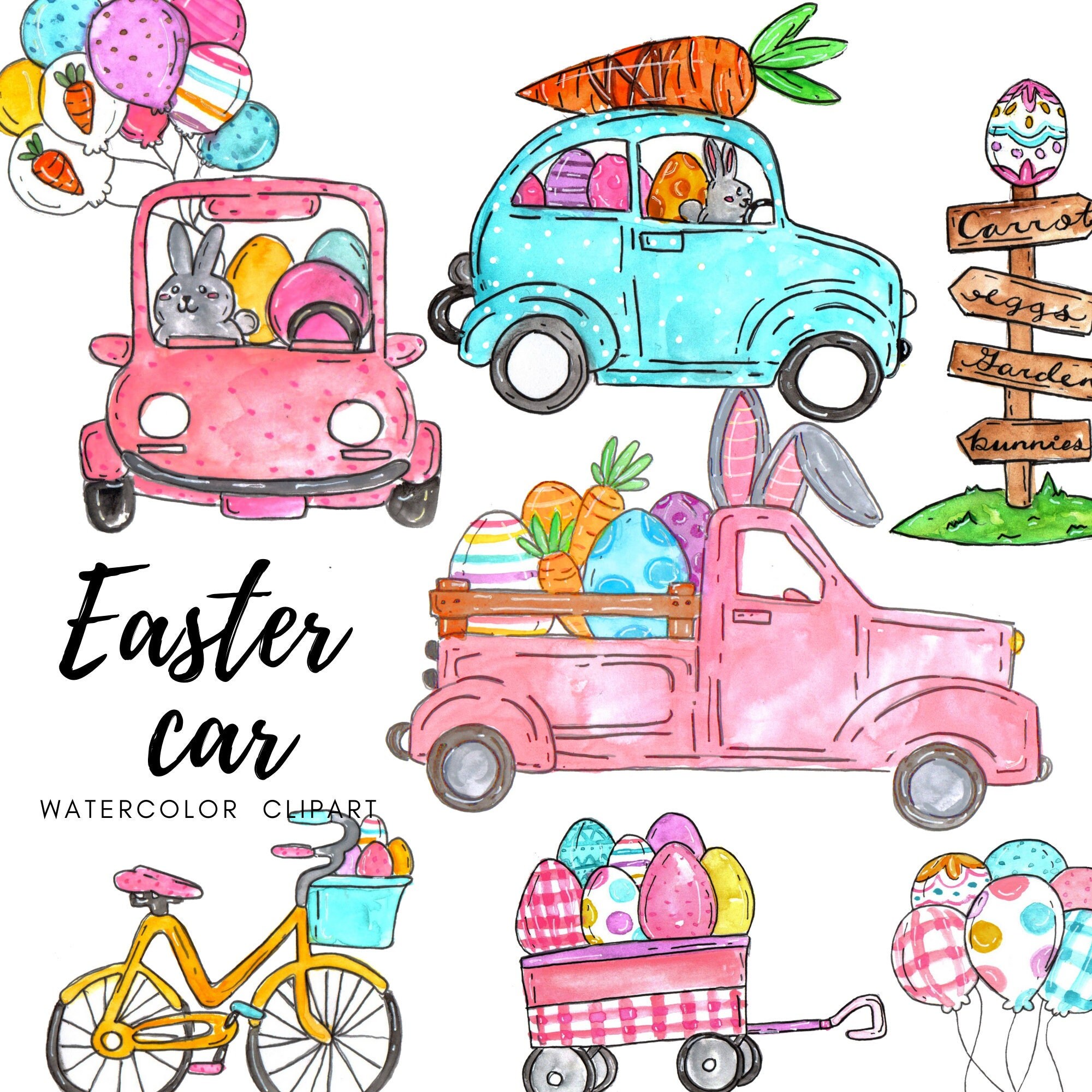 Watercolor Easter Clip Art Car Transportation Easter - Etsy