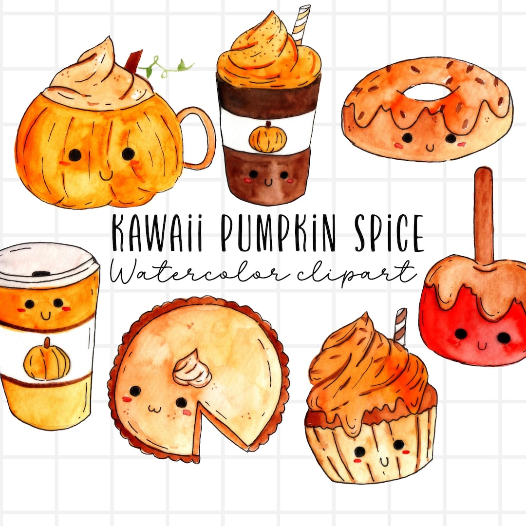 Watercolor Clipart - Kawaii, Pumpkin Spice, Cute, Pumpkin, Coffee, Tea ...