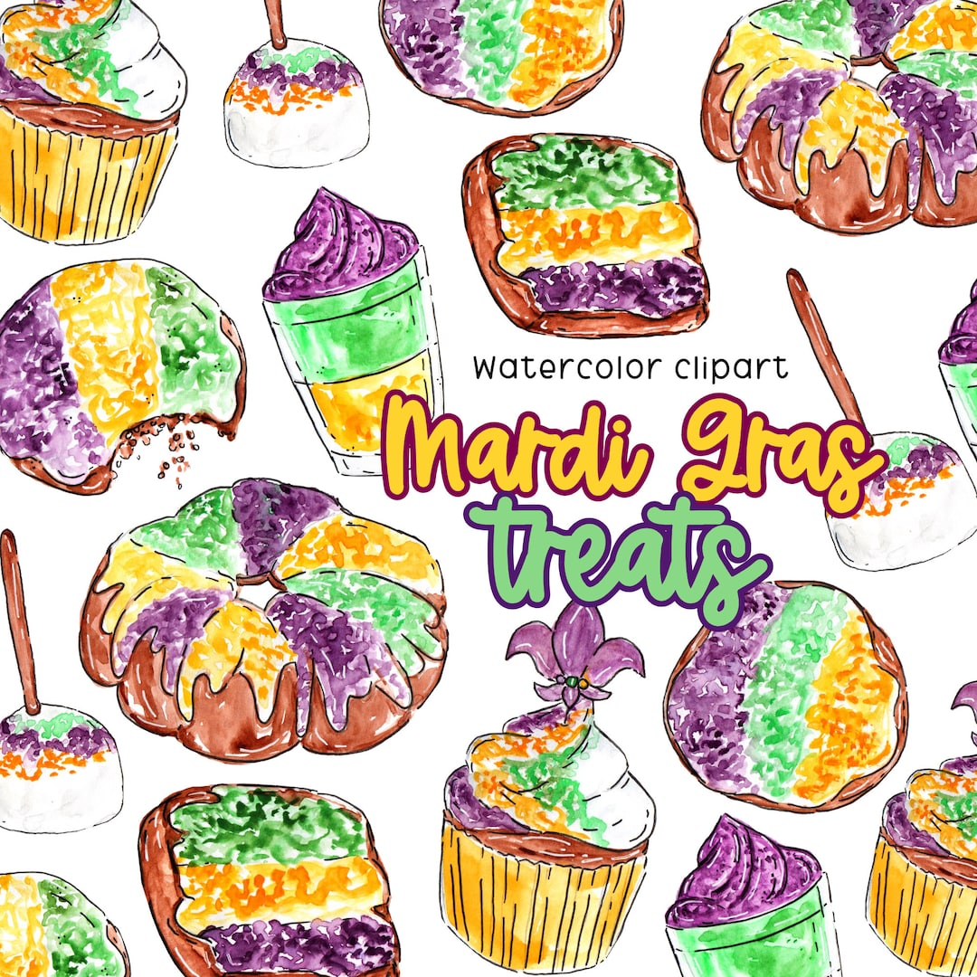 Watercolor Mardi Gras Clipart of Desserts - Food Pasterie Graphics for ...