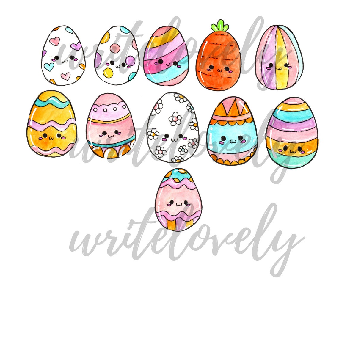 Watercolor Kawaii Easter Eggs - Easter, Eggs, Kawaii, Egg Hunt, Cute ...