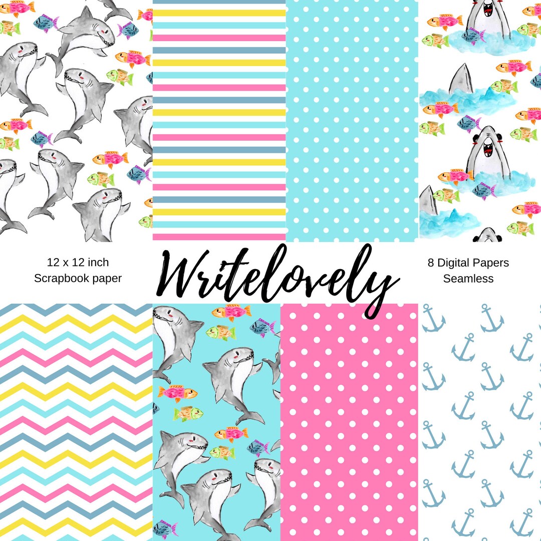 Seamless Scrapbook Paper Pack - Tropical Shark Paper- Digital Paper ...