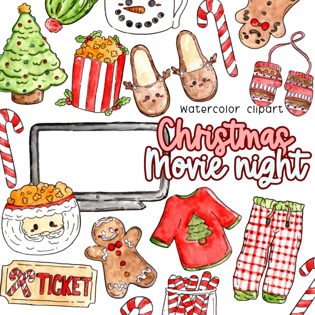 Watercolot Clipart, Christmas Clipart, Movie Night, Winter Clipart ...