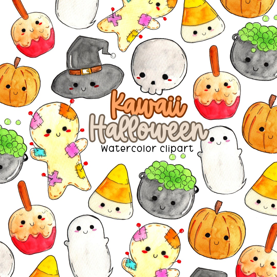 Kawaii Halloween Clipart, Watercolor Ghost, Pumpkin, Skull, Voodoo Doll ...