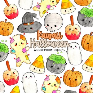Kawaii Halloween Clipart, Watercolor Ghost, Pumpkin, Skull, Voodoo Doll ...