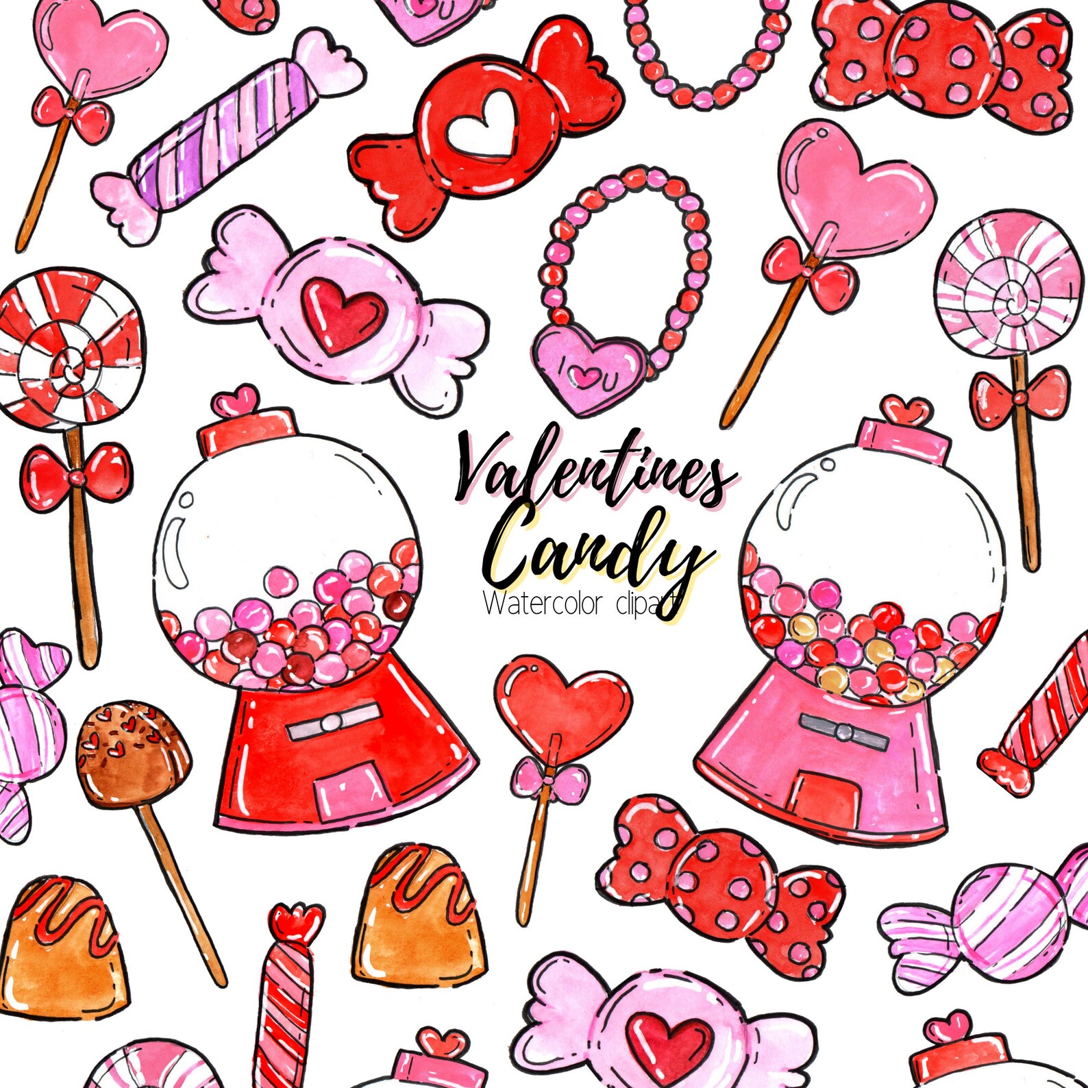 Valentines Day Candy Watercolor Clipart Heart Candy Gum Ball - Etsy