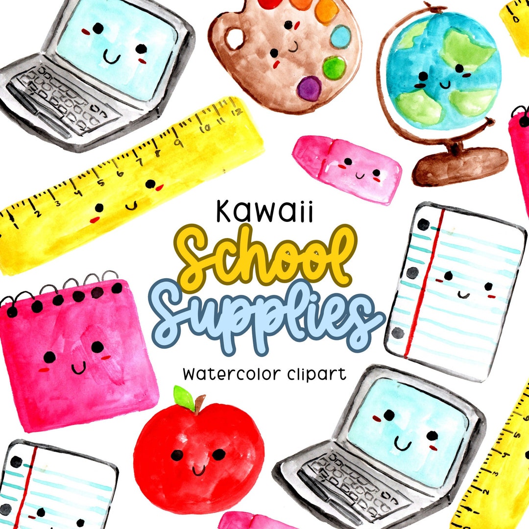 Watercolor School Clipart - Kawaii Back to School, Pencil, Ruler, Paper ...