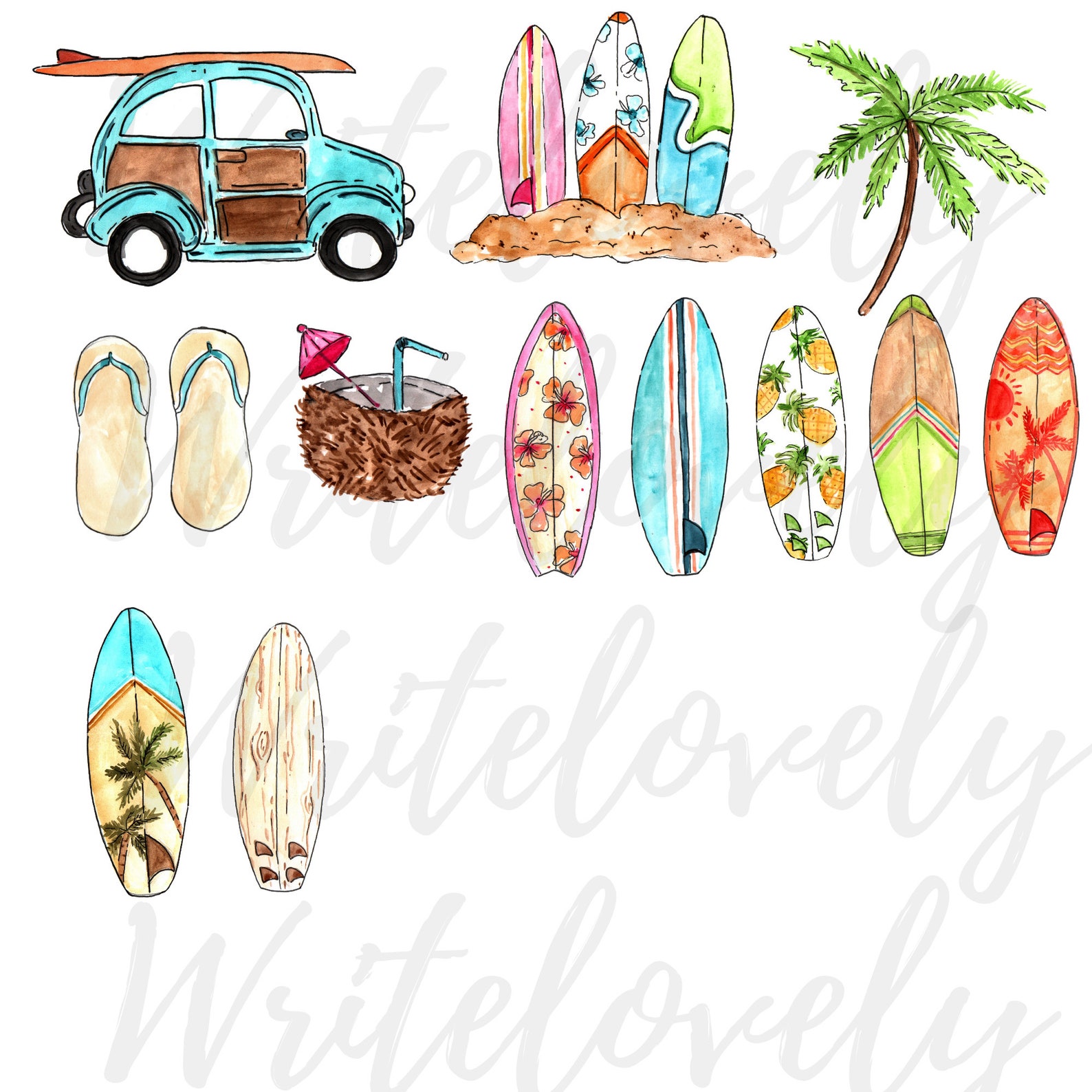 Watercolor Surf Board Clip Art Summer Beach Graphics PNG - Etsy