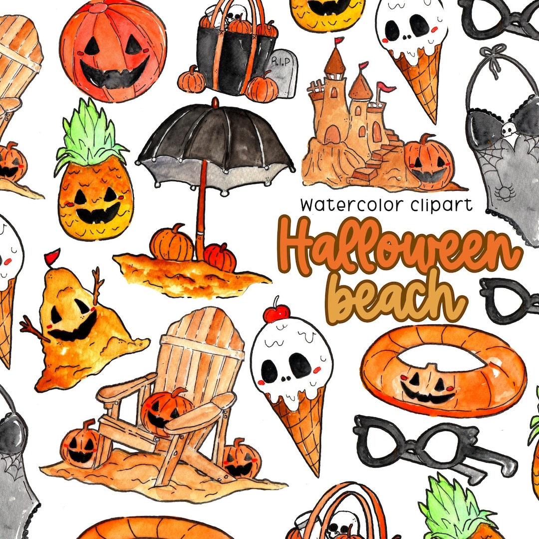 Halloween Clipart, Watercolor Goth Beach, Spooky Summer, Pumpkin, Ice ...