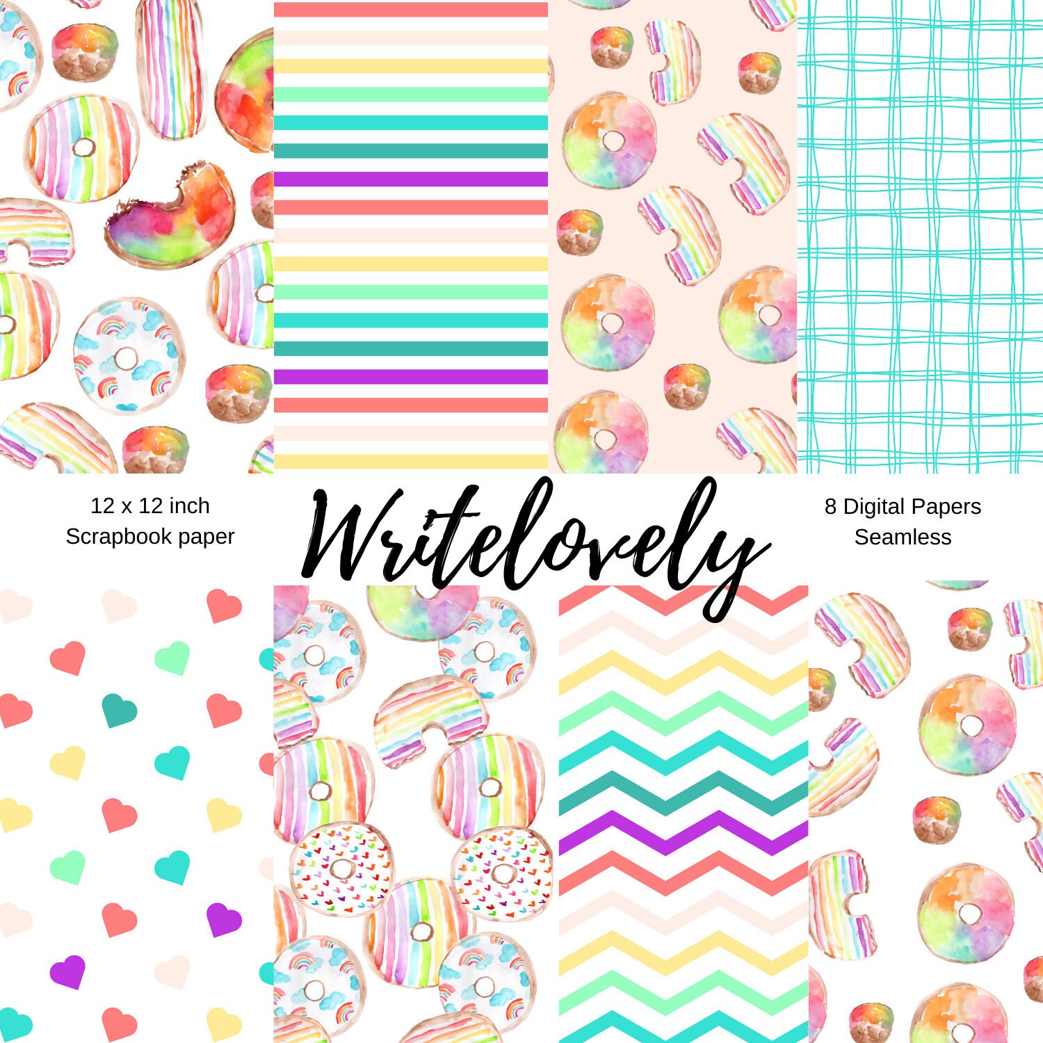 Seamless Scrapbook Paper Donut Digital Paper - Rainbow - Patisserie ...
