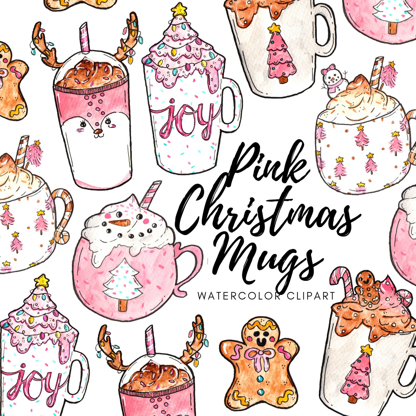 Watercolor Clipart Pink Christmas Mug Coffee Hot - Etsy