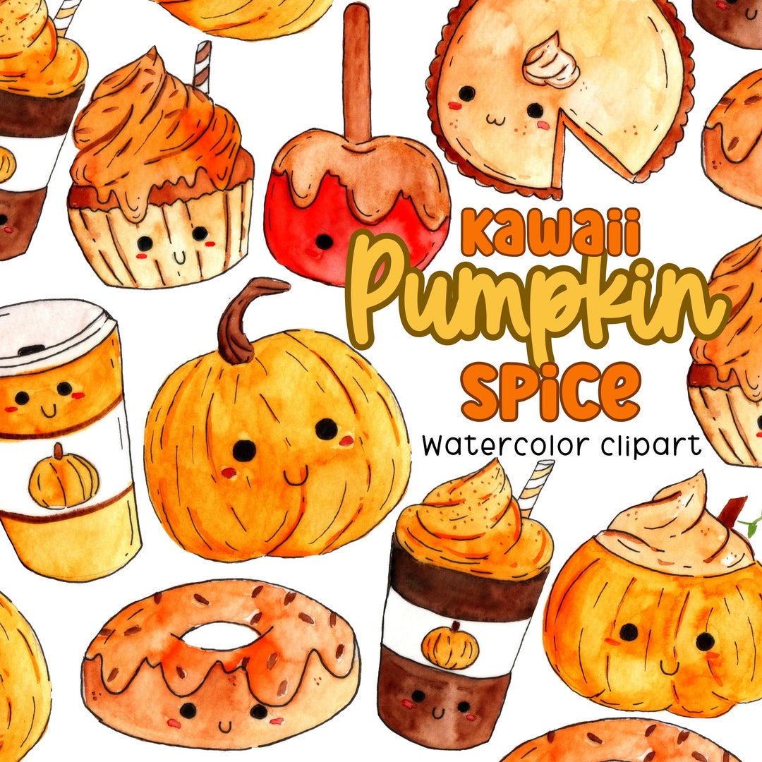 Watercolor Clipart - Kawaii, Pumpkin Spice, Cute, Pumpkin, Coffee, Tea ...