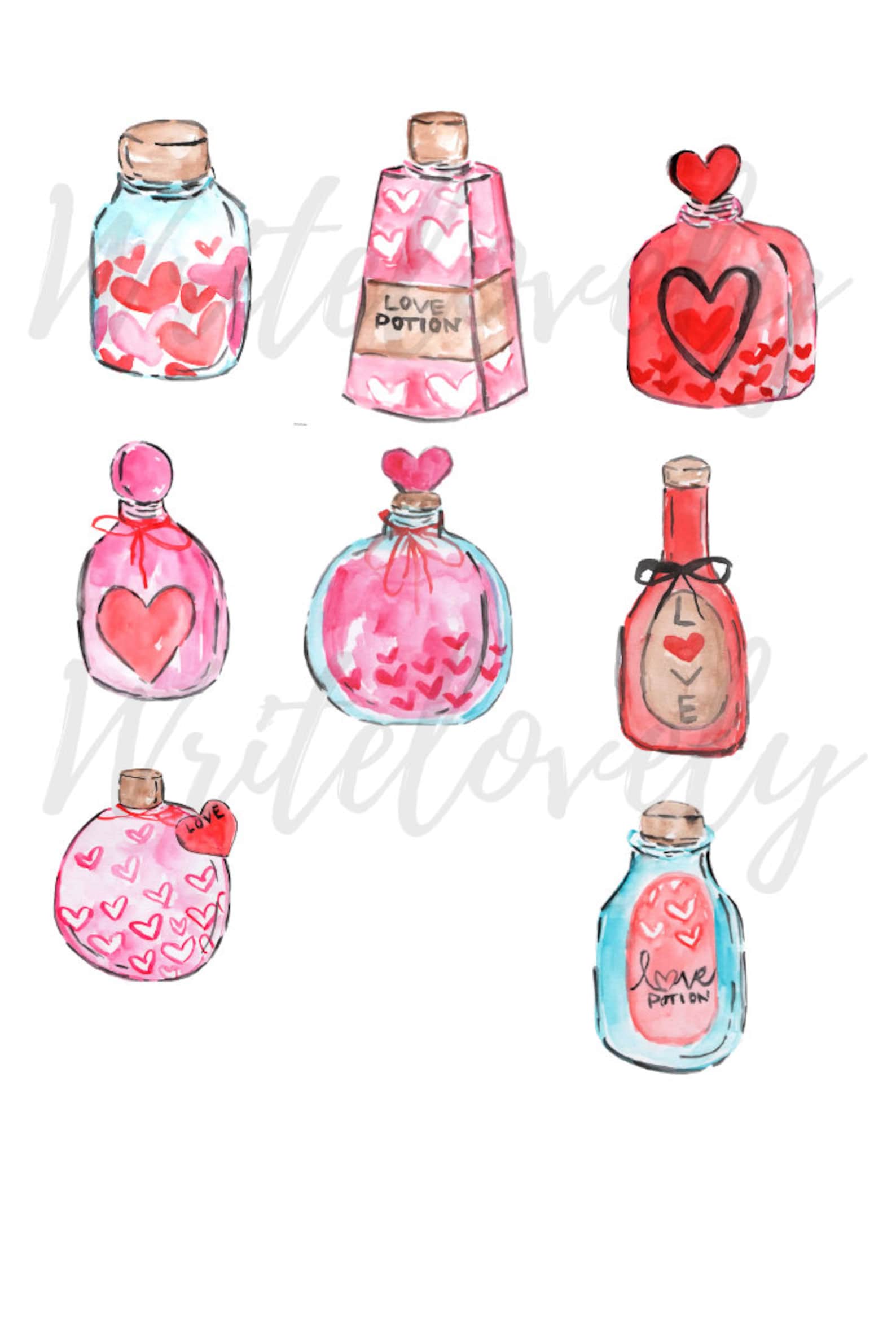 Watercolor Clip Art - Valentine Graphic - Love Potion - Bottle - Glass ...