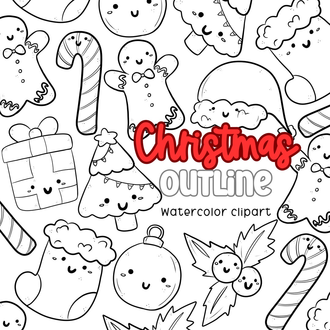 Kawaii Christmas Outline Clipart Digital Stamp Coloring Book Cute ...