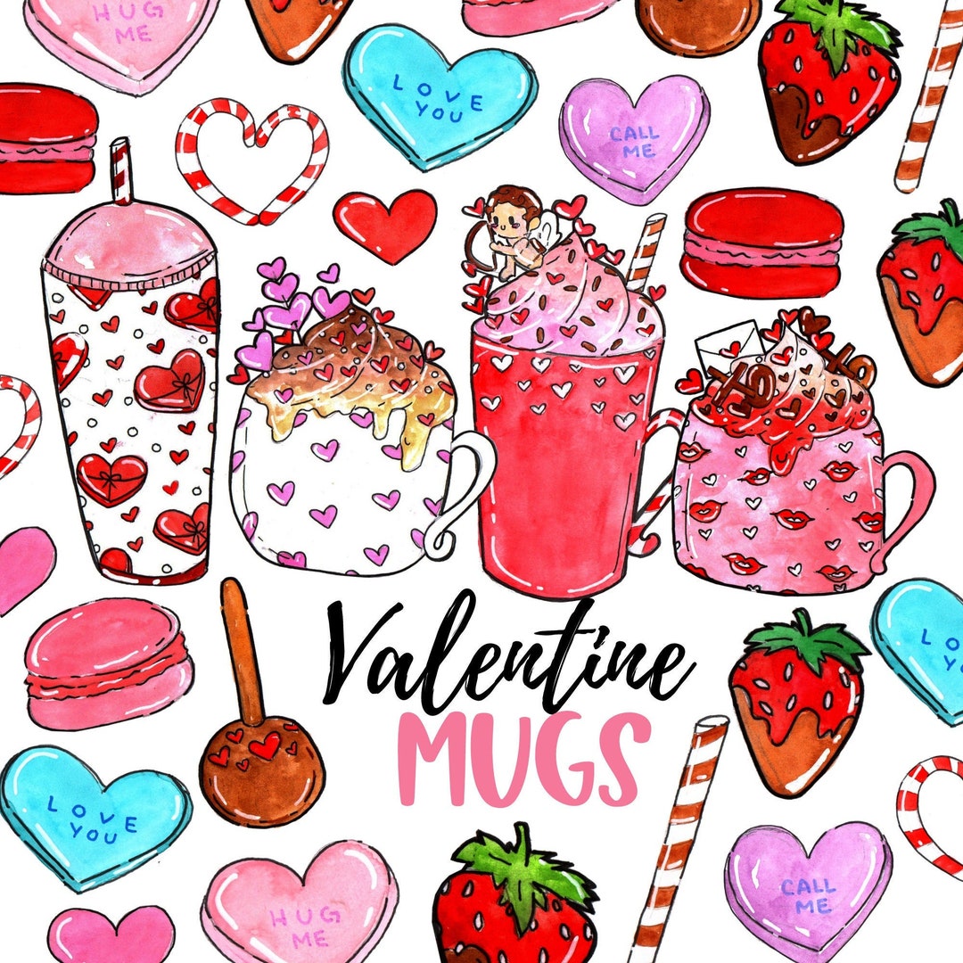 Watercolor Valentine Clipart Coffee, Mug, Candy Hearts, Cafe, Ice ...