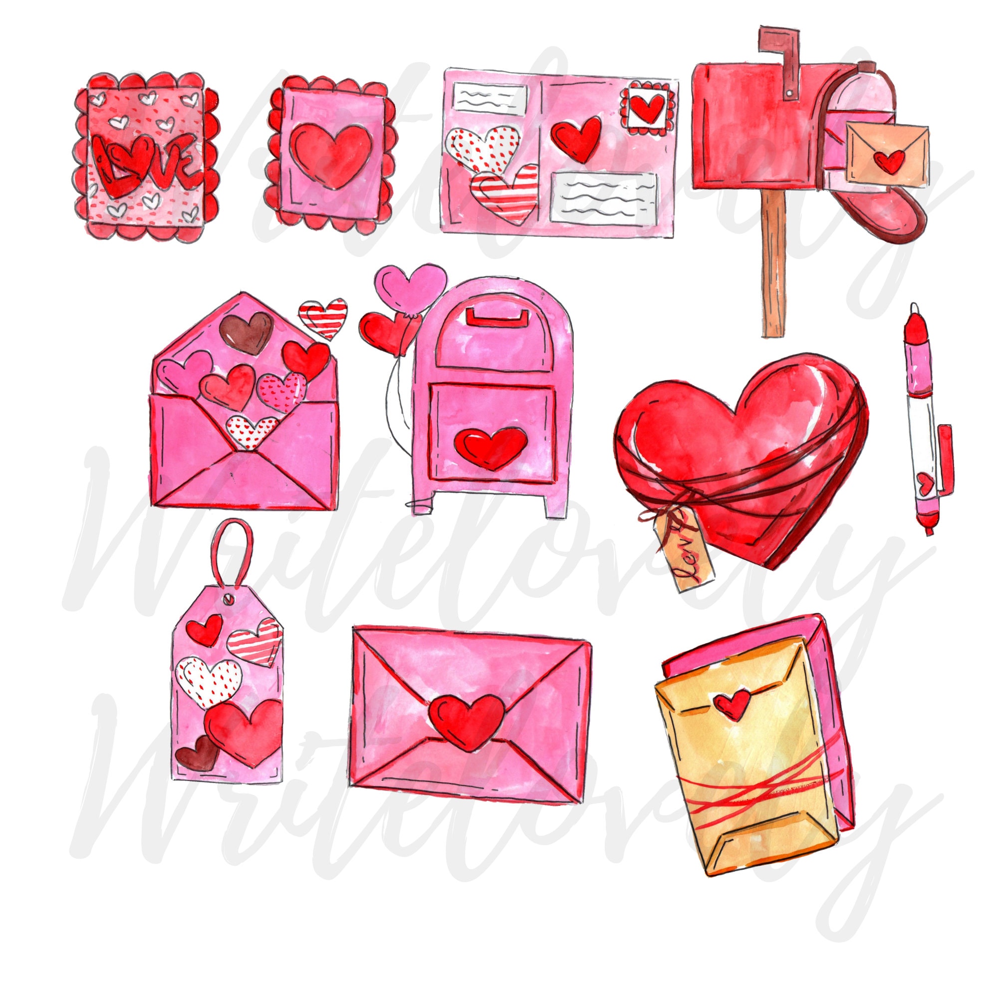 Watercolor Valentines Day Clipart, Postal Mail, Love Letter Graphics ...