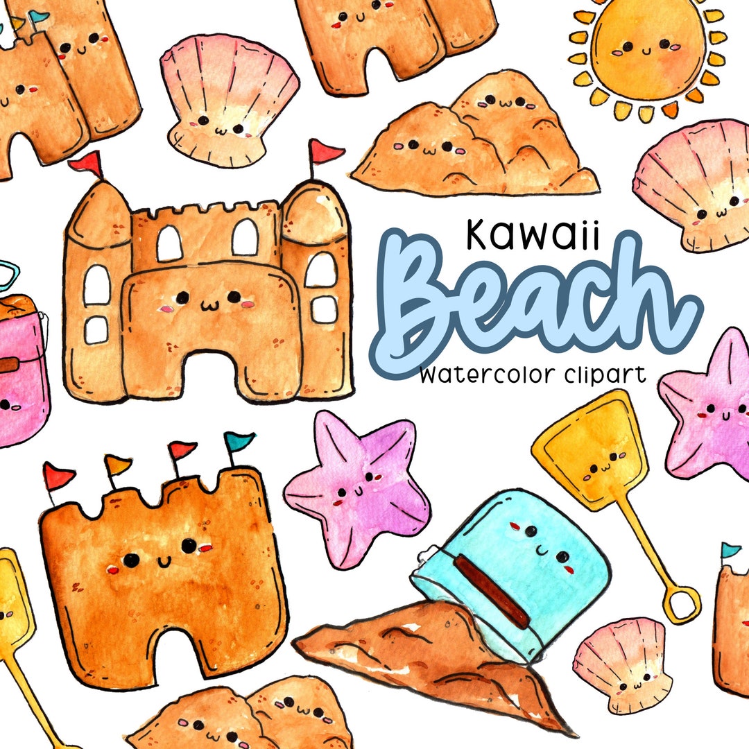 Kawaii Clipart, Watercolor, Beach, Sandcastle, Summer, Sand, Pail, Sun ...