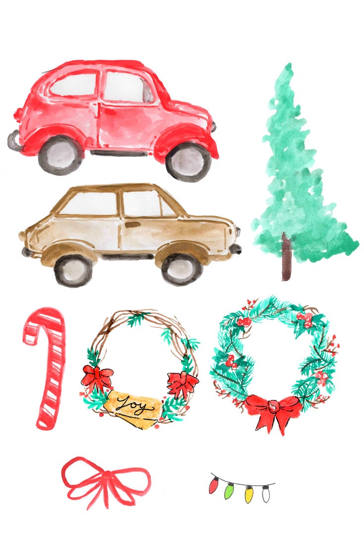 Christmas Clip Art Watercolor Christmas Car Holiday Art - Etsy