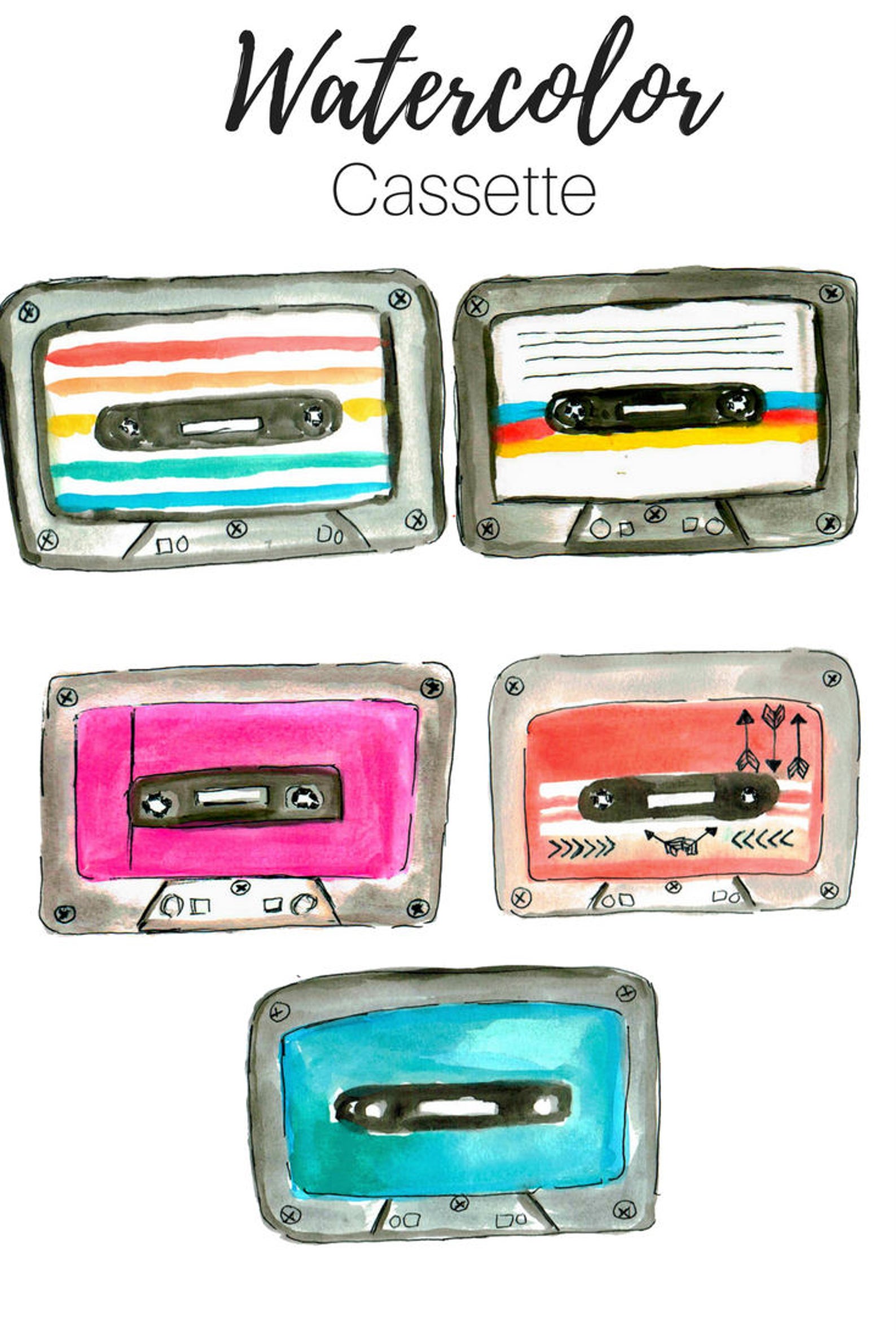 Watercolor Clip Art Retro Clip Art Cassette Tape Music Clip Art Vintage ...