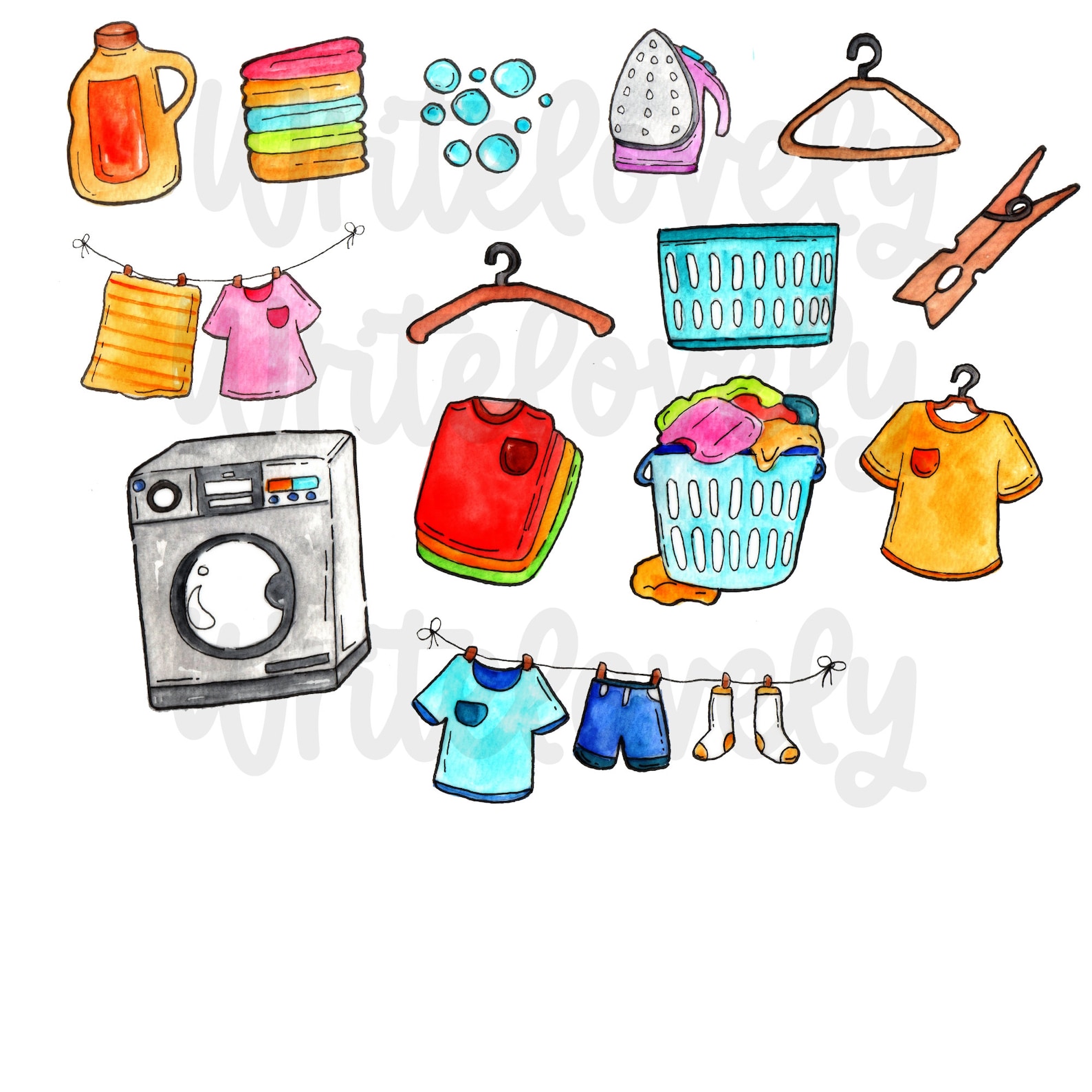 Watercolor Laundry Clipart, Washing Machine, Clothes, Soap Cleaning ...