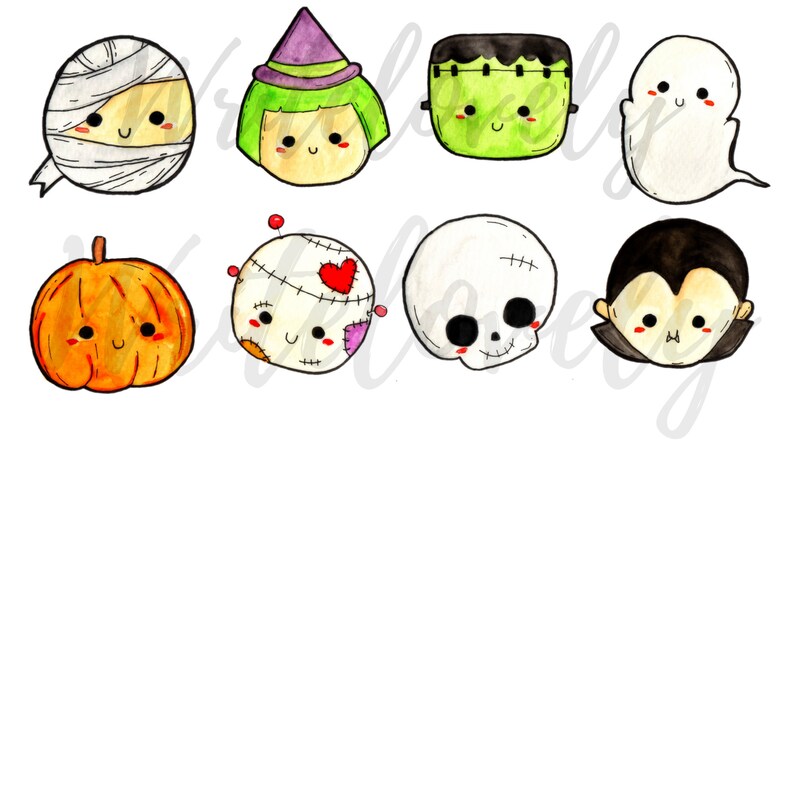 Watercolor Clipart Halloween Kawaii Cute Halloween Faces - Etsy