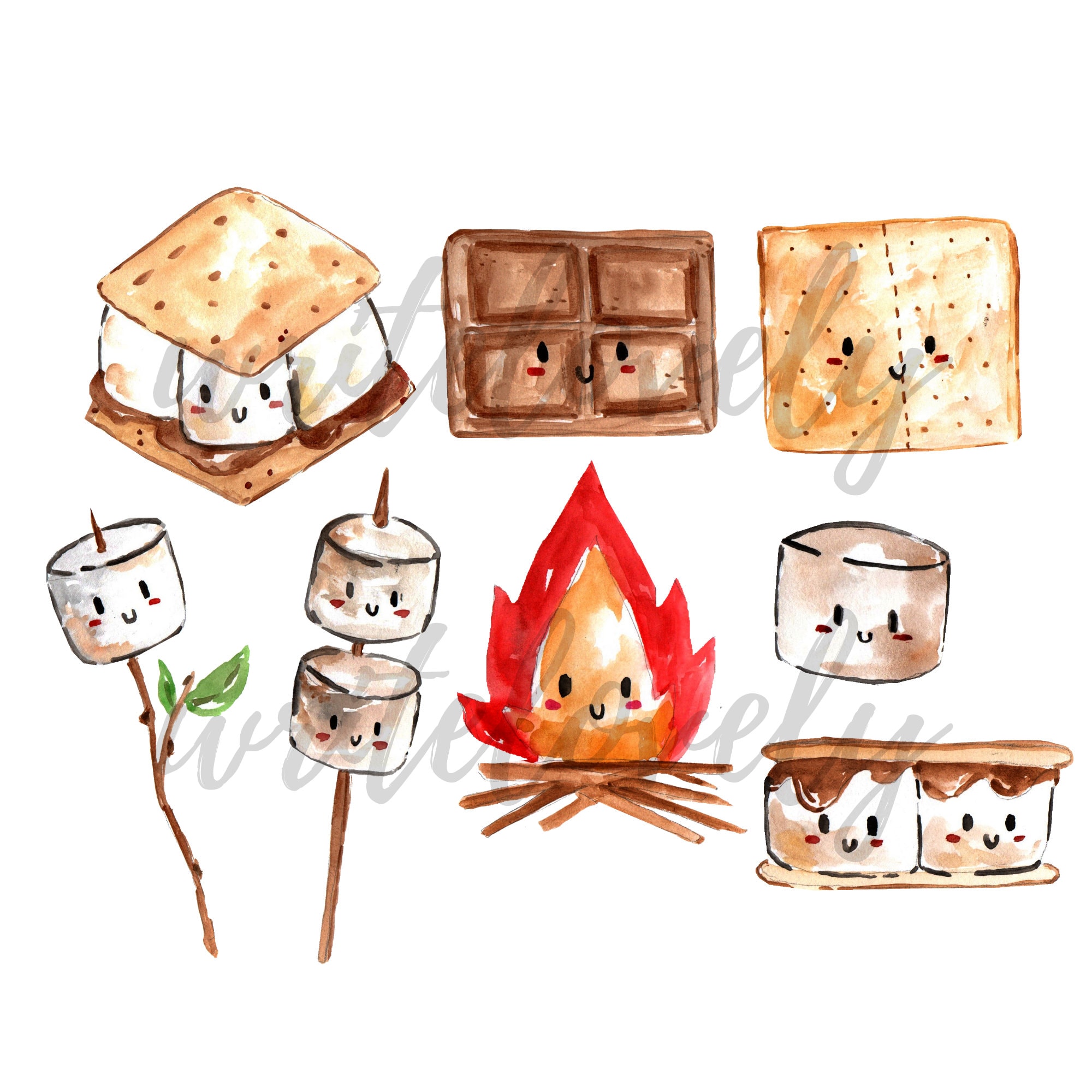 Watercolor Smores Clipart, Kawaii, Camping, Kawaii Smores, Marshmallows ...