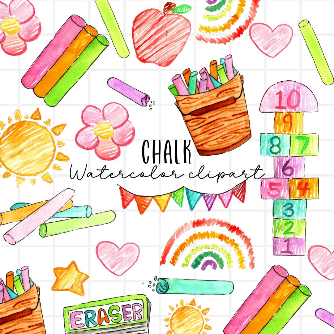 Watercolor Chalk Clipart, Sidewalk Chalk, Art Supplies, Summer, Kid ...
