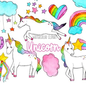 Watercolor Clipart - Unicorn Clipart, Cute, Rainbow, Stars, Magical ...