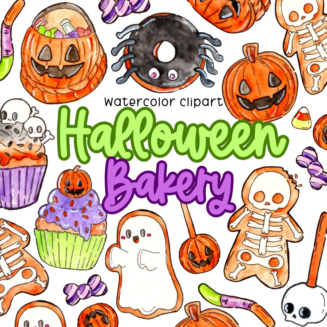 Watercolor Halloween Bakery Clipart, Spooky Treats, Cookies, Cupcake ...