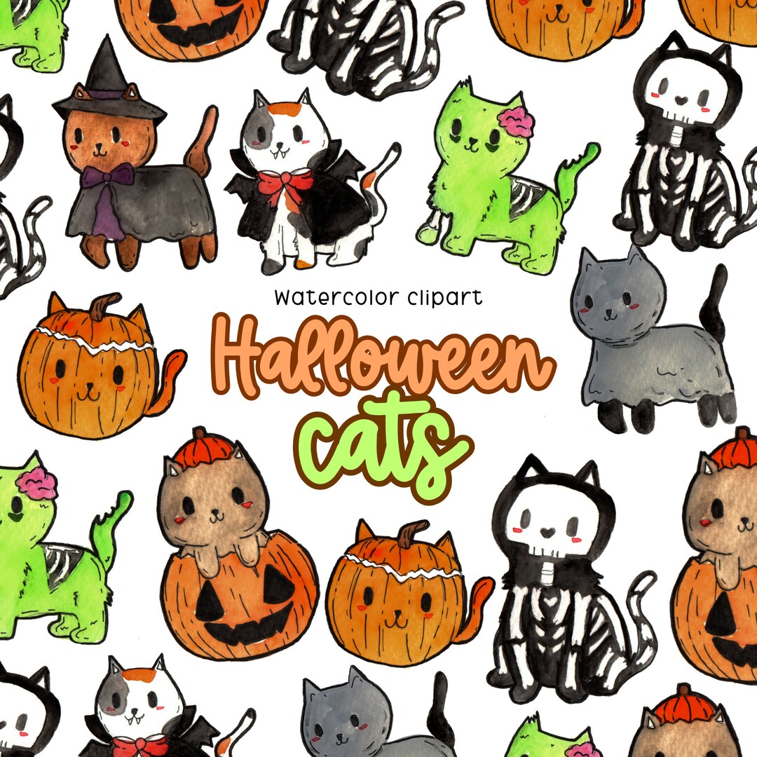 Watercolor Clipart - Halloween Cats, Spooky, Creepy, Cute Cats, Cat ...