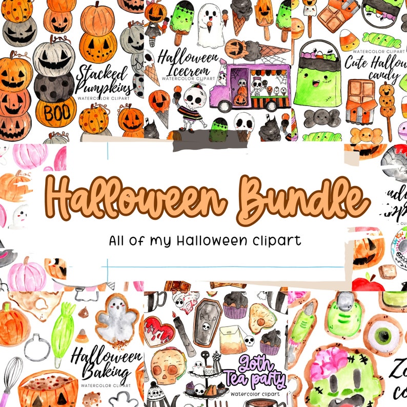 Watercolor Halloween Clipart Bundle, Large Fall Autumn, Pumpkin, Ghost ...