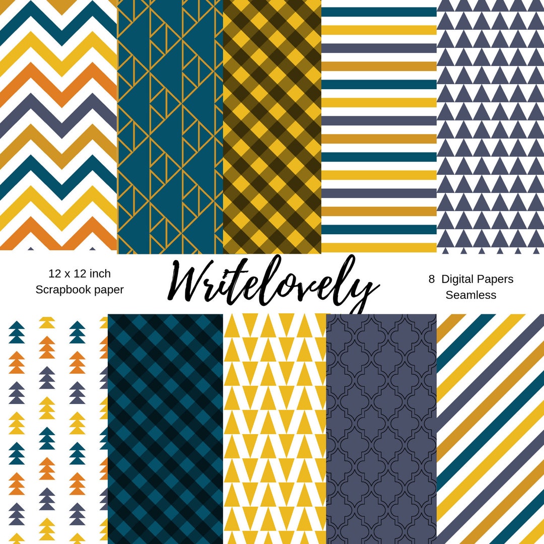 Seamless Retro Navy Blue, Orange Yellow Gold Scrapbook Paper - Stripe ...