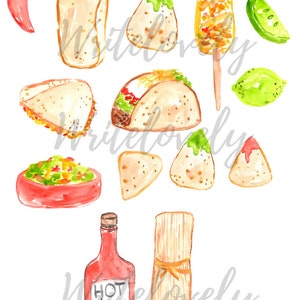Watercolor Mexican Food Clipart, Taco, Burrito, Nacho, Elote Graphics ...