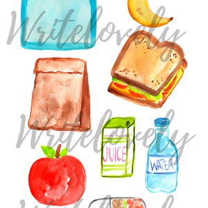 Lunch Clipart - Watercolor, Back to School, Lunch Box, Paper Bag, Apple ...
