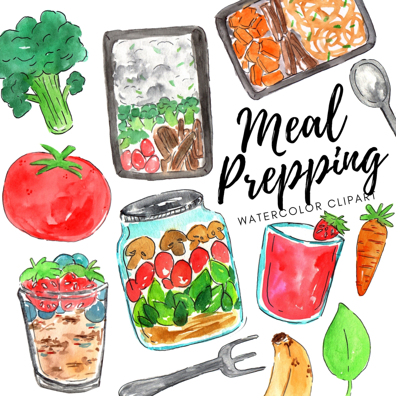 Watercolor Clipart Meal Prep Clip Art Nutrition Graphics - Etsy
