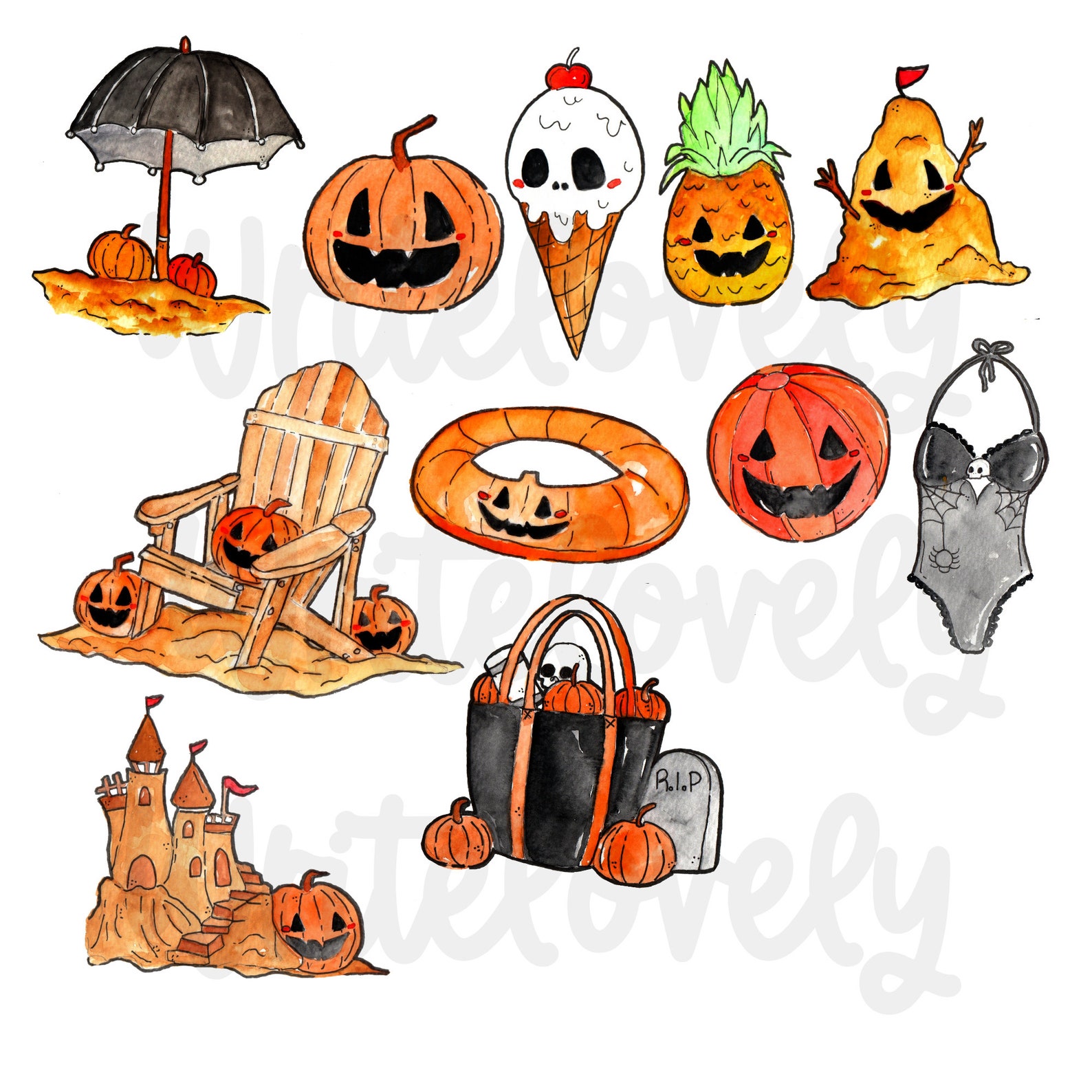 Halloween Clipart, Watercolor Goth Beach, Spooky Summer, Pumpkin, Ice ...
